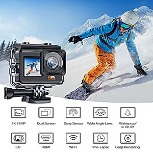 CAMWORLD Action Camera 4K 24MP Ultra HD WiFi Dual Color Screen Waterproof Camera EIS 131FT Underwater Cameras 170 Degree Wide Angle, 2 Rechargeable Batteries and Accessories Kit