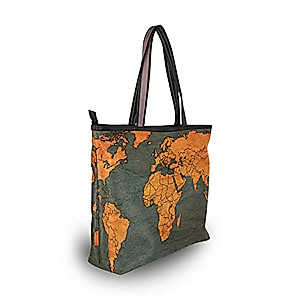 Tote Bag Rock World Map Print, Large Capacity Zipper Women Grocery Bags Purse for Daily Life 2 Sizes