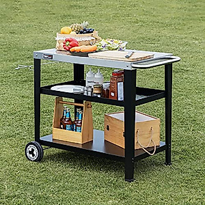 Royal Gourmet PC3404S Rolling Dining Table with Trash Bag Holder, Outdoor Garden Patio BBQ Kitchen Food Prep Table Cart, 34"L x 20"W Stainless Steel Tabletop, Silver & Black