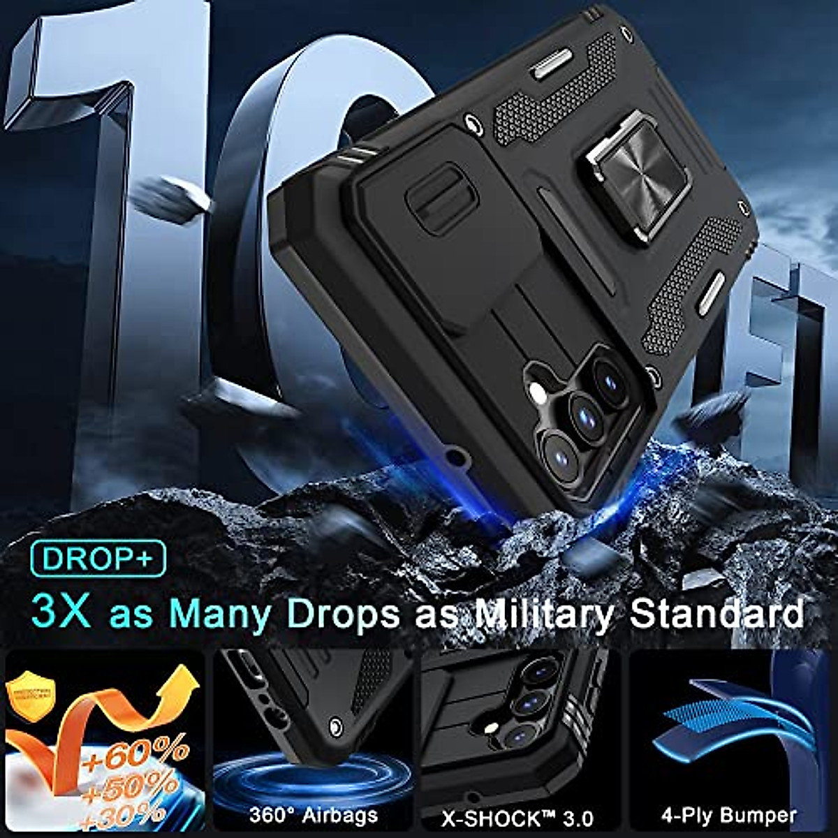 for Samsung Galaxy A14 5G Case with Slide Camera Cover+Screen Protector(2 Packs),[Magnetic Rotated Kickstand] [Camera Protection] Military Grade Shockproof Heavy Duty Protective Cover-Black