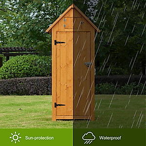 GarveeLife Outdoor Wood Storage Shed Cabinet, Wooden Garden Tool Sheds, Outside Vertical Organizer with Floor, Waterproof Roof, 3 Shelves, 4 Hooks and Lockable Door for Patio Hallway Backyard, Natural