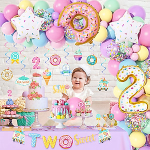 Amandir 145Pcs Two Sweet Birthday Decorations, Donut Birthday Party Supplies for Girls Two Sweet Banner Donut Balloon Garland Kit Cake Topper Swirls for Ice Cream Baby Second 2nd Birthday Party Decor