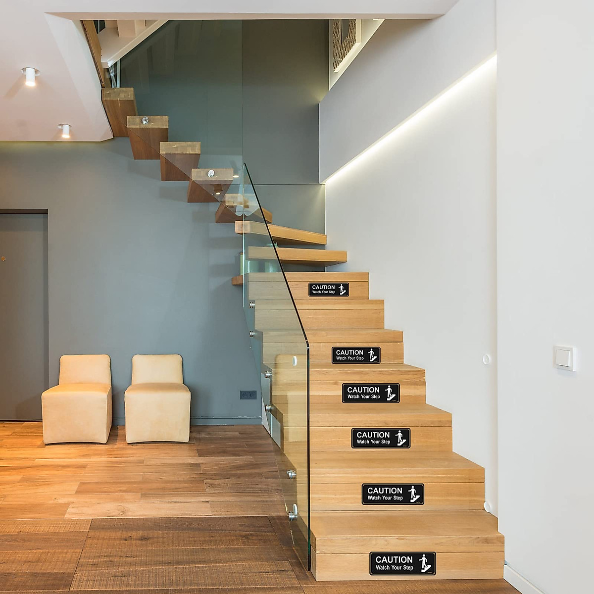 4 Pack Caution Watch Your Step Sign for floor, Acrylic with Symbols Self-adhesive for Home and Business Restaurants Offices 9"x3" Black Gold Easy to Mount Outdoor or Indoor Use Black