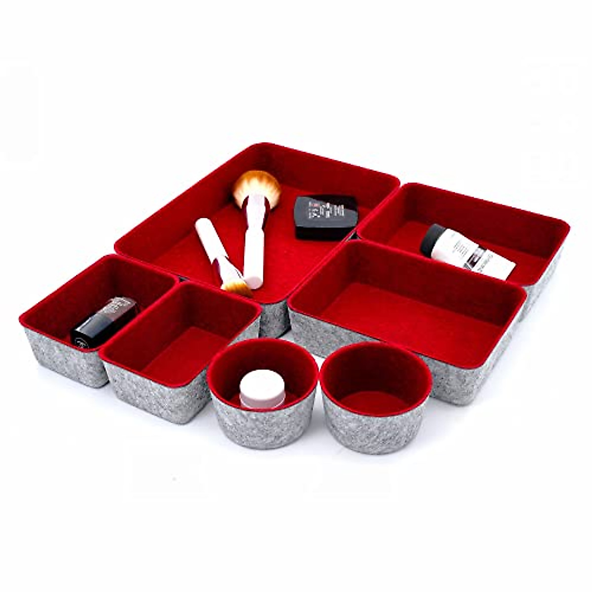 Welaxy Drawer organizers trays felt storage bins drawers dividers organizer boxes for office home interior cozy decor Gifts pack 7-pieces (Maroon)