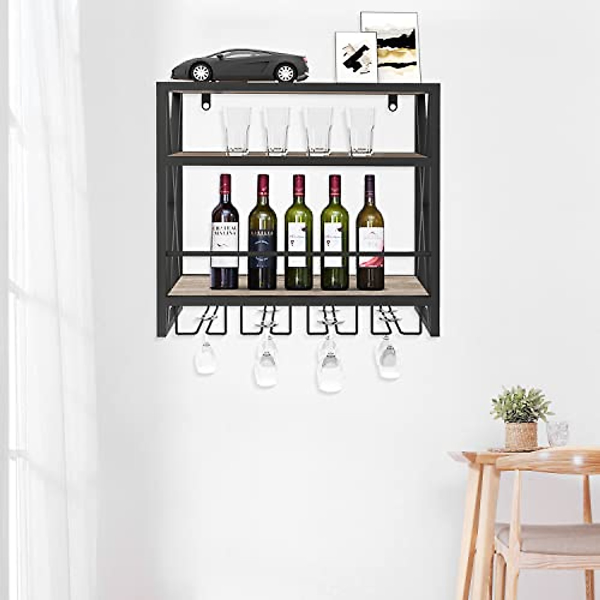 Bigbiglife Wine Racks Wall-Mounted Wine Racks with Storage Shelf, Brown Industrial Style Wall Mounted Wine Racks, Wall Wine Racks with Bottle Holder