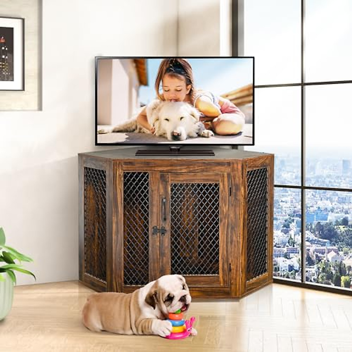BOEASTER Corner Dog Crate Furniture, Wooden Dog Kennel End Table with Door Furniture Style Dog House Pet Crate Indoor Use for Small Medium Dogs