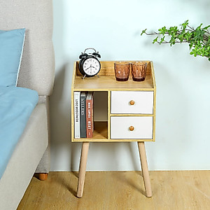 X-cosrack Wooden Small Nightstand with Storage Drawers Mid Century Modern Bedside Table with Vertical Open Storage Shelf and Solid Wood Legs, End Side Table for Bedroom Natural