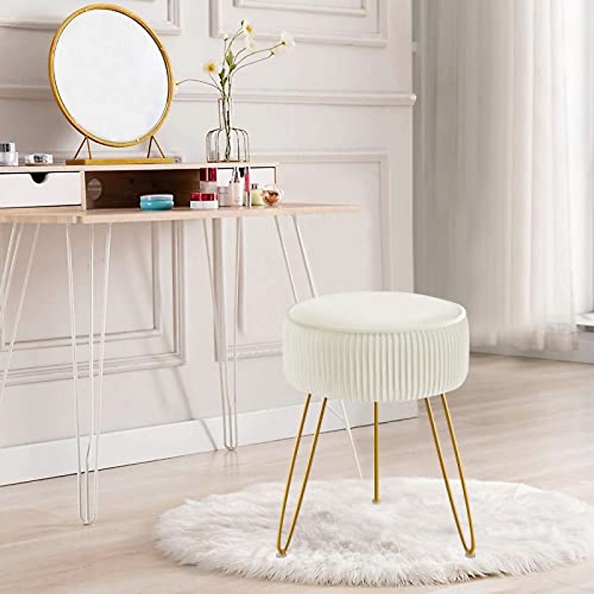 GERANT Multifunctional Vanity Stool,Modern Vanity Stools for Makeup Room,Velvet Round Ottoman Footrest Stool with Metal Legs, Upholstered Pleated Vanity Chair Stool for Living Room,Office(Beige)