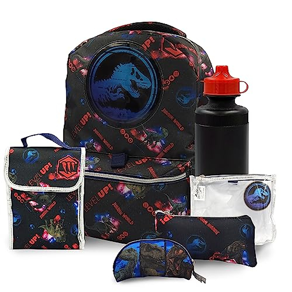Fast Forward Jurassic Park Backpack for kids - 6 pieces Set, Dinosaur Backpack with Lunch Box, Perfect for Back to School & Elementary Age Boys