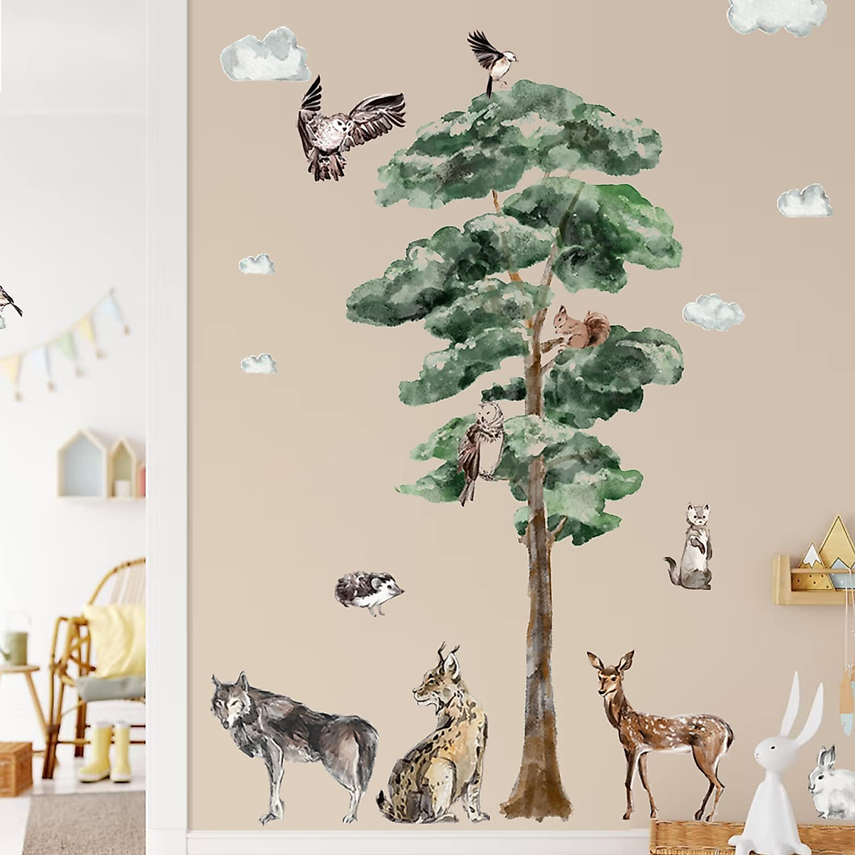 68in X-Large Pine Tree Safari Animals Wall Decals Woodland Nursery Wall Decor Watercolor Forest Animal Wall Decal Peel and Stick Deer Birds Owl Wolf Stickers for Kids Room Wall Art Baby Nursery Decor
