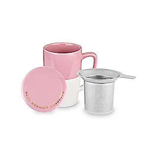 Pinky Up Delia Ceramic Tea Mug and Loose Leaf Tea Infuser, Loose Leaf Tea Accessories, Tea Tumbler Cup, Pink, 18 oz.