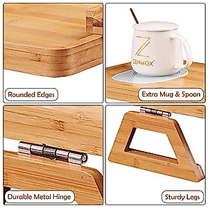 Zenmox Bamboo Clip On Couch Tray Built-in Mug Warmer with Mug Set - Table for Food, Drink Holder - Modern, Sleek Design - with 360° Rotating Phone Holder