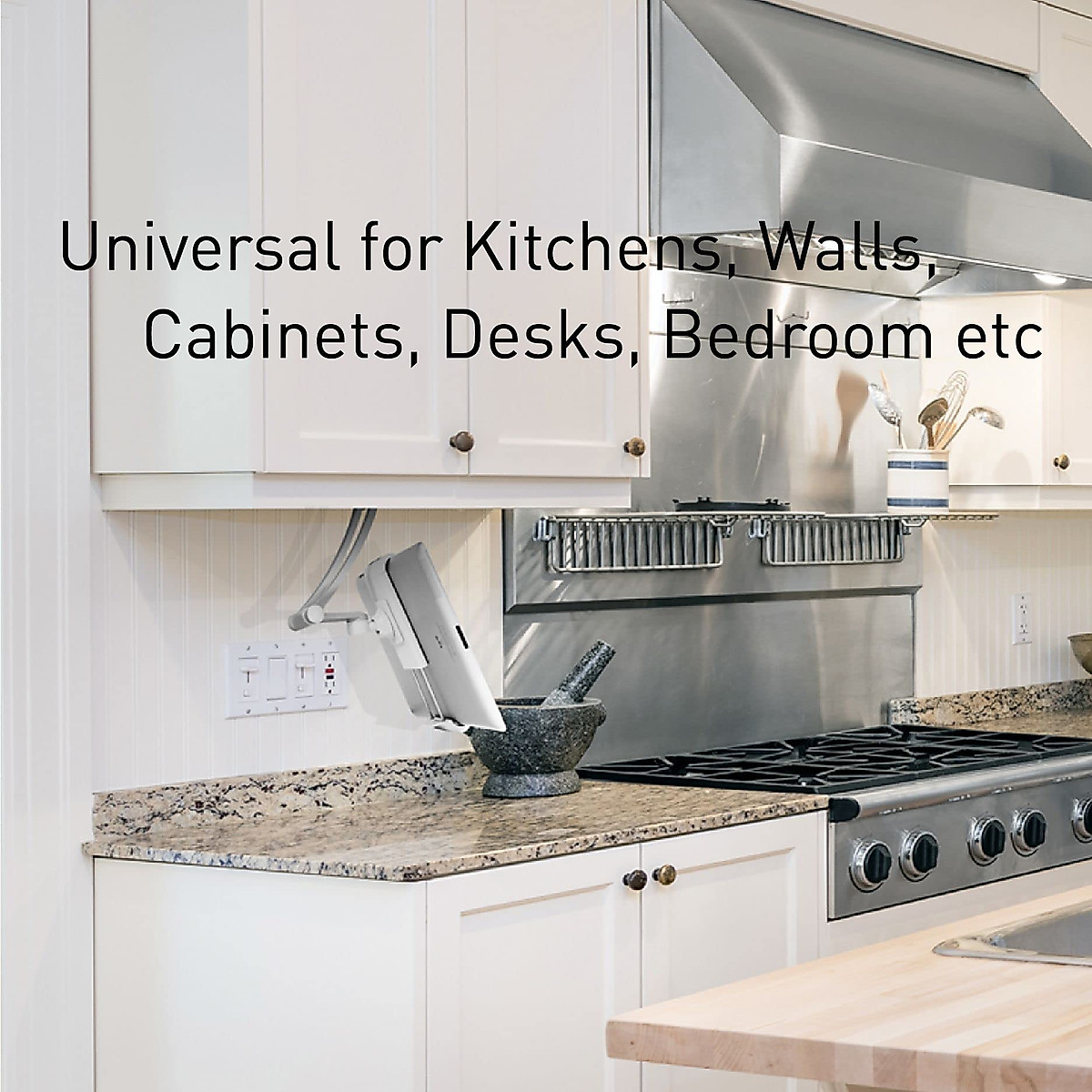 Macally 2-in-1 Kitchen Tablet Holder & Wall Mount iPad Stand / Under Cabinet Holder- Perfect for Recipe Reading on Countertop or Using on Office Desktop- Fits iPad Pro/Air Samsung Tab up to 7.5" Wide