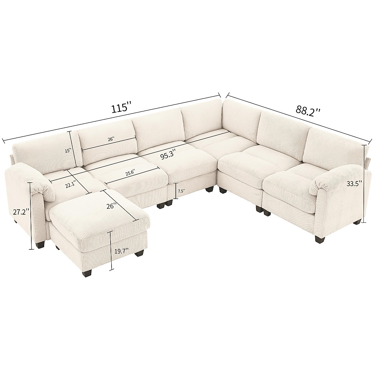 Bumblr Oversized Corduroy Sectional Couches for Living Room with Movable Ottoman, 6 Seater Modern Convertible L Shaped Modular Sectional Sofa with Reversible Chaise, Comfy Corner Sofa Couch Set, Beige