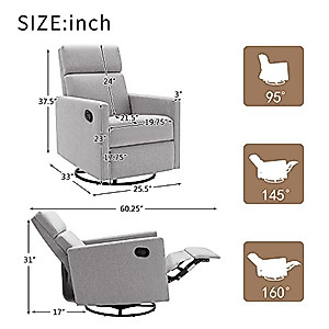 i-POOK Swivel Recliner Chair, Modern Plush Upholstered Rocker Nursery Chair with Adjustable Backrest and Retractable Footrest 360 Degree Swivel Glider Chair Accent Chair for Living Room Bedroom, Gray