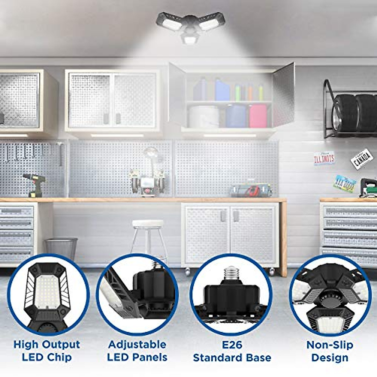 Hudson 6W LED Garage Light - 6000K Cool White deformable LED Shop Light (60W Equivalent) - E26/E27 Standard Screw Based Adjustable LED Light for Ceiling Fixture - 6000 Lumens Work Shop/Bay LED Light