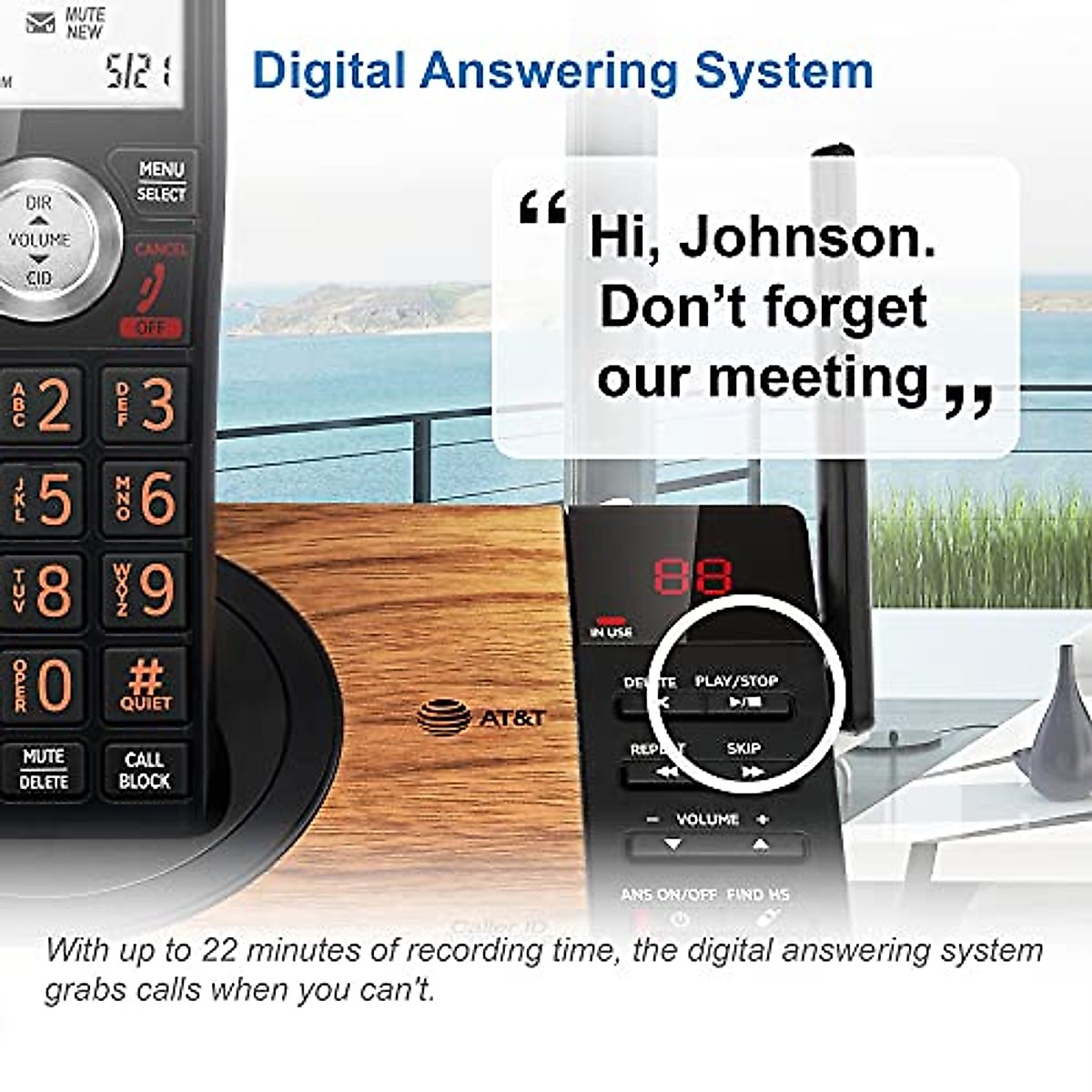 AT&T CL82267 DECT 6.0 2-Handset Cordless Phone for Home with Answering Machine, Call Blocking, Caller ID Announcer, Intercom and Long Range, Black & Wood Grain Finish