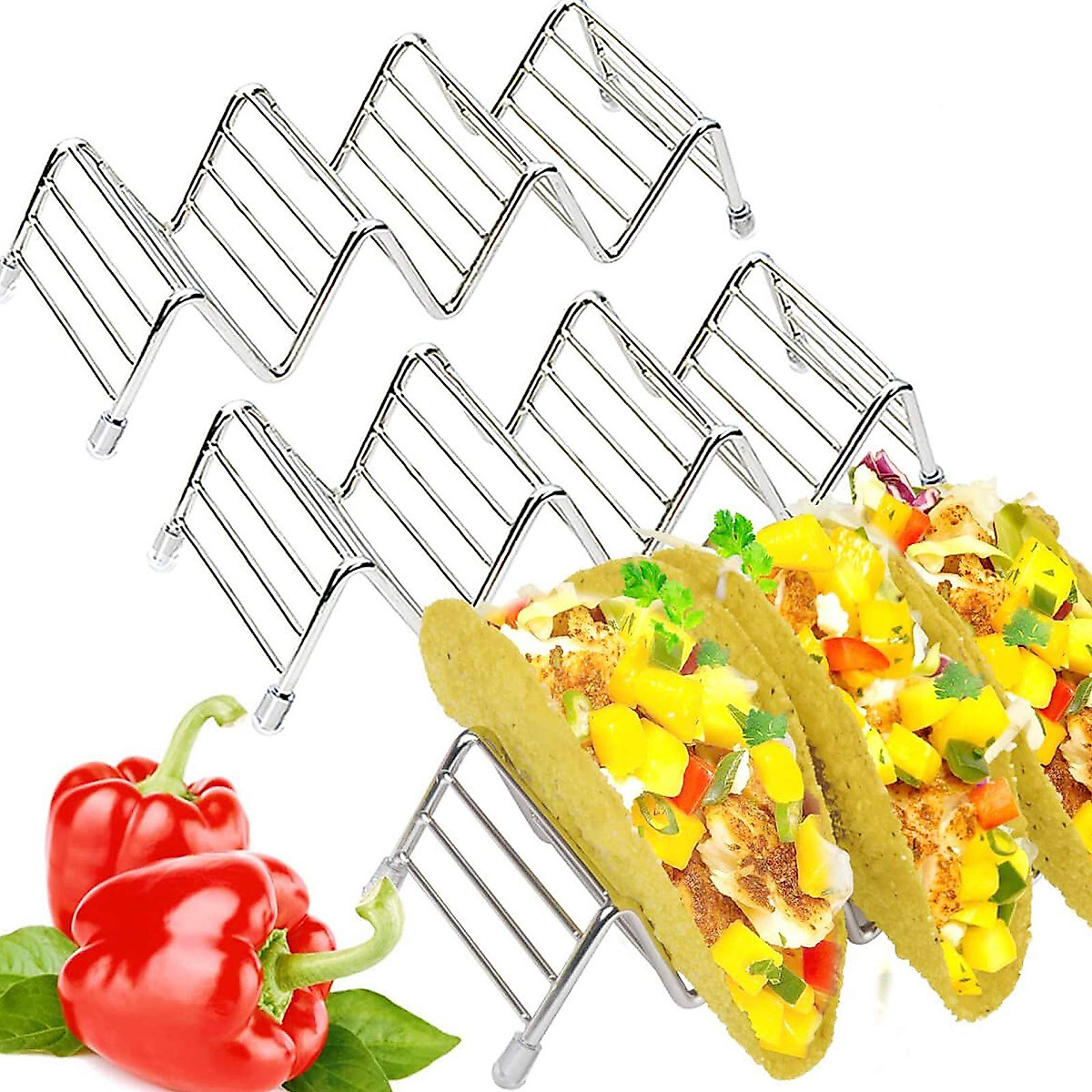 MEKBOK Taco Holder, taco holder stand,Stainless Steel Taco Rack, Good Holder Stand on Table, Hold 3 or 4 Hard or Soft Shell Taco, Safe for Baking as Truck Tray- Set of 3