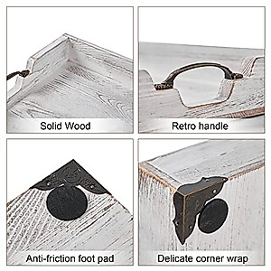 Large Wood Rectangular Serving Tray 20 x 14 Inch Rustic Wooden Ottoman Tray with Metal Handle and Wrapped Corners, Wood Coffee Table Tray Solid Pine Decorative Tray Whitewashed