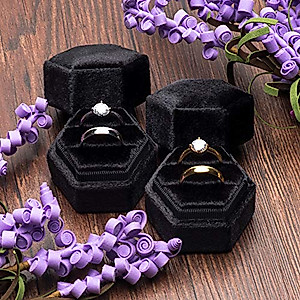Premium Velvet Ring Bearer Box for Proposal Engagement Wedding Ceremony - Hexagon Vintage Double Ring Display Holder with Detachable Lid (Black)