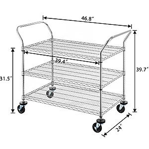 Finnhomy 3-Tier Commercial Grade Rolling Cart, Heavy Duty Utility Cart, Carts with Wheels and Handles, Kitchen Cart on Wheels, Metal Serving Cart with 600 lbs Capacity, Shelf Size 24" D x 40" W, NSF