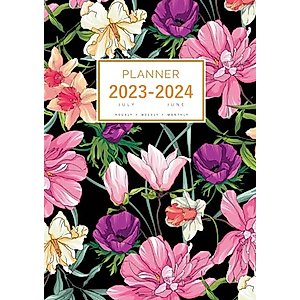 Planner July 2023-2024 June: A4 Large Notebook Organizer with Hourly Time Slots | Peony Iris Magnolia Design Black