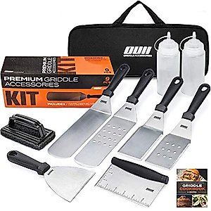 OUII Flat Top Griddle Accessories Set for Blackstone and Camp Chef Griddle - 9 Pieces Set with Griddle Cleaning Kit and Carry Bag! Metal Spatula, Scraper for Hibachi Grill and Teppanyaki Grill