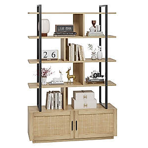 CABIHOME 5 Tier Rattan Bookshelf with Storage Cabinet & Door, 71.1 Inch Tall Industrial Book Shelf with Open Display Shelves, 5 Shelf Bookcase with Metal Frame for Living Room, Bedroom (Burlywood)