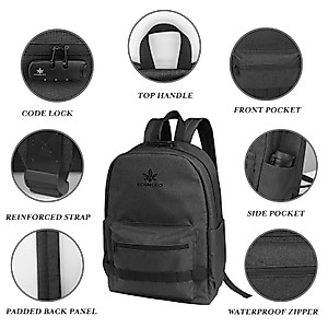 KOSMCCO Smell Proof Medium Backpack with Lock, Unisex Activated Carbon Lining Backpack for Travel Commuter, Black/28.0L