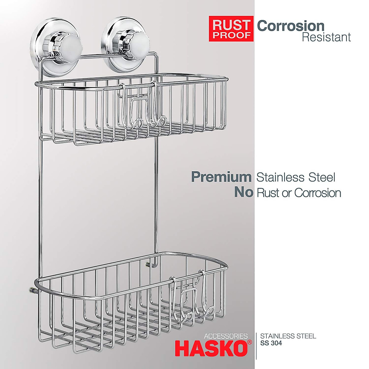 HASKO accessories - Shower Caddy with Suction Cup - 304 Stainless Steel 2Tier Basket for Bathroom - Rustproof (Chrome)