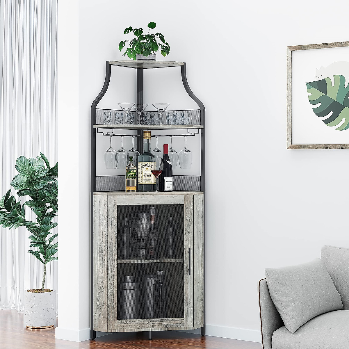 Amyove Corner Wine Bar Rack Cabinet with Detachable Wine Rack, Bar Cabinet with Glass Holder, Small Sideboard and Buffet Cabinet with Mesh Door