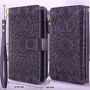 Harryshell Detachable Magnetic Zipper Wallet Leather Case Cash Pocket with Multi Card Slots Holder Wrist Strap for iPhone 8 Plus/iPhone 7 Plus / 6S Plus 5.5 Inch Floral Flower (Deep Purple)
