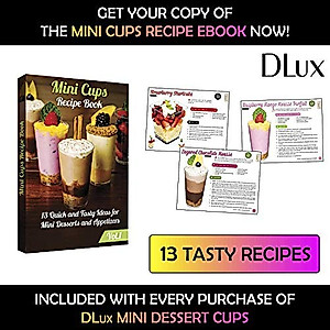 DLux 50 x 3 oz Mini Dessert Cups with Spoons, Square Tall - Clear Plastic Parfait Appetizer Cup - Small Reusable Serving Bowl for Party Desserts Appetizers - With Recipe Ebook