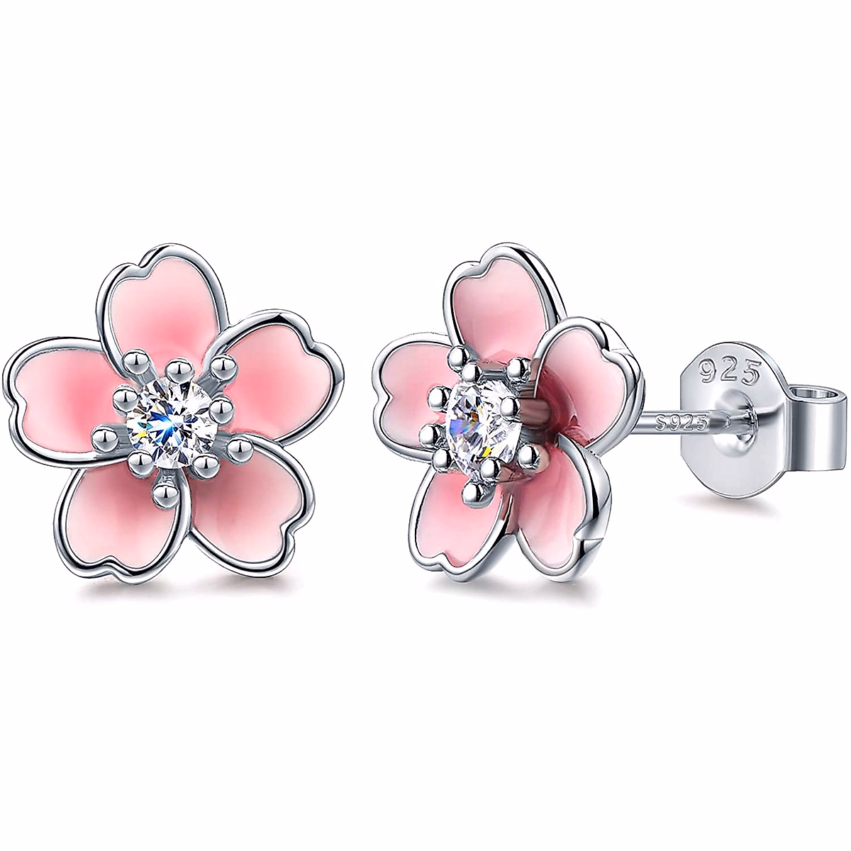 Pink Flower Earrings for Women, 925 Sterling Silver Stud Earrings, Cute Plumeria Earrings For Girl, Cherry Blossom Hypoallergenic Stud