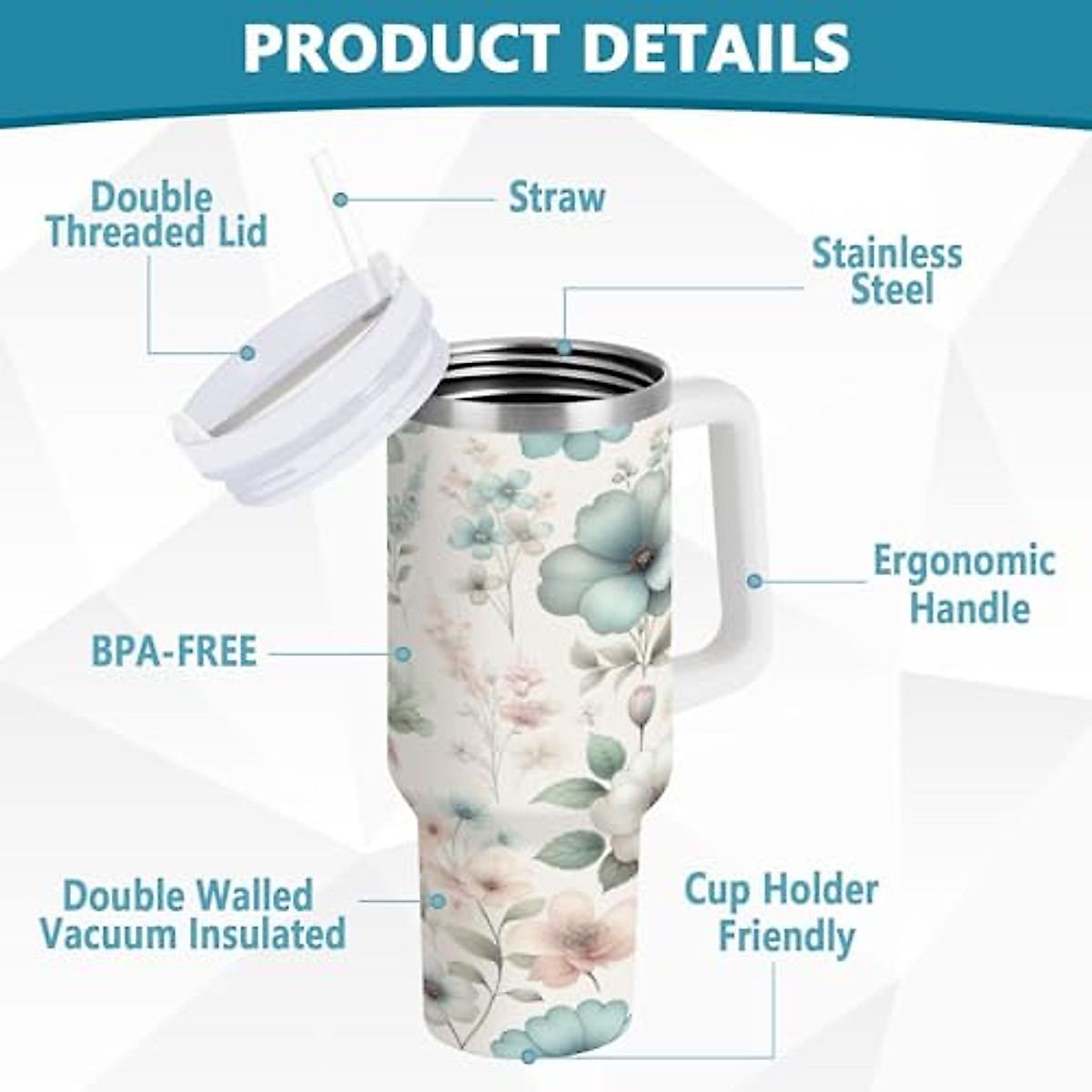 Jihqo Pure Flowers 40 oz Stainless Steel Vacuum Insulated Tumbler with Handle and Straw Lid, Leakproof Water Bottle Double Wall Travel Mug Coffee Cup, Cupholder Friendly