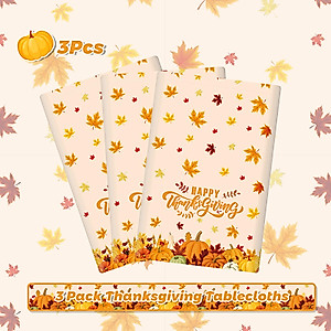 MEHOFOND 3 Pcs Happy Thanksgiving Disposable Tablecloth, Pumpkin Maple Leaves Fall Thanksgiving Party Decorations, Autumn Give Thanks Plastic Table Cover, Thanksgiving Dinner Party Supplies
