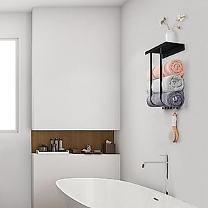 Towel Racks for Bathroom Wall Mounted, MOOACE 2 Bar Adhesive Rolled Towel Storage Holders with Metal Shelf,Metal Bathroom Organizer for Folded Towel - Black