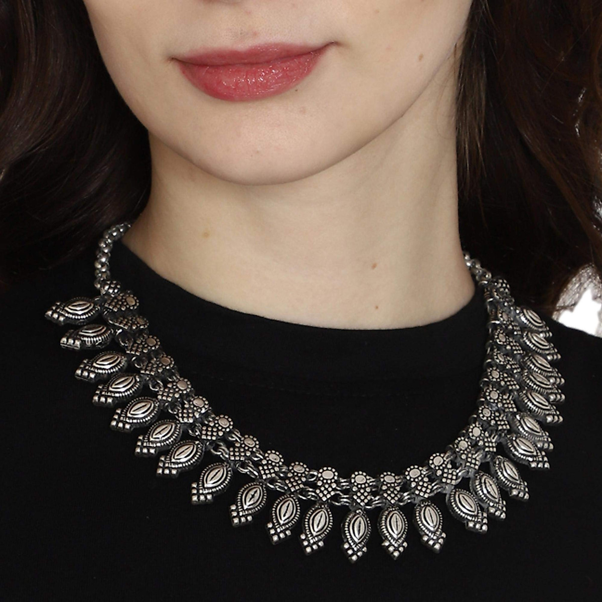 athizay Chunky Necklace Choker for women Indian oxidised silver fashion jewelry tribal inspired antique textured Chokers Metal jewellery (Flax Seed Bead)