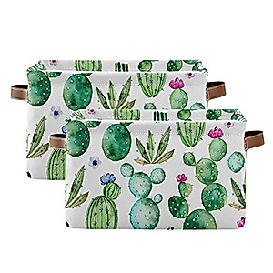 Rectangular Storage Bin Cube Cactus Succulent Floral Foldable Organizer Basket with Handles, Tropical Leaves Flower Collapsible Storage Box for Kids Toy Shelf Closet Nursery