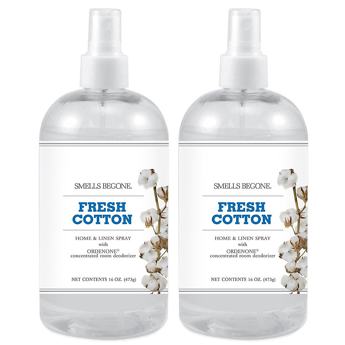 SMELLS BEGONE Air Freshener Home and Linen Spray - Odor Eliminator - Made with Essential Oils - Fresh Cotton Scent - 2 Pack - 16 Ounce