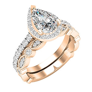 Dazzlingrock Collection 9x6mm Pear Cubic Zirconia & 0.80 Carat Round White Diamond Alternate Marquise Shaped Miligrain Engagement Ring Set for Women in 14K Solid Rose Gold Size 4.5