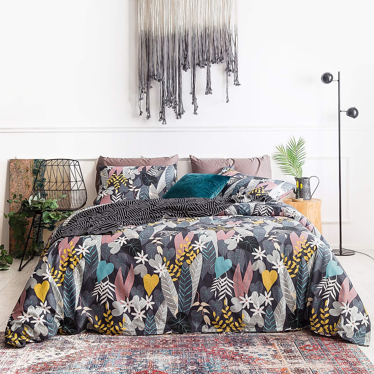 YuHeGuoJi Black Floral Duvet Cover Queen 100% Cotton Boho Botanical Flower Duvet Cover 3 Pcs Set 1 White Daisy Duvet Cover with Zipper Ties 2 Pillowcases Hawaiian Yellow Grey Leaves Bedding Set