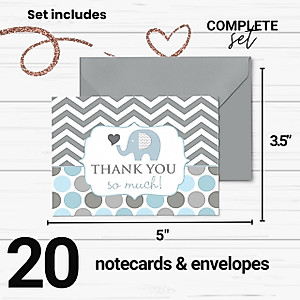 Paper Clever Party Blue Elephant Thank You Cards with Envelopes for Boys Baby Shower, Gender Reveal, Birthday, Everyday Occasions, Small Folded Note Set, 20 Pack