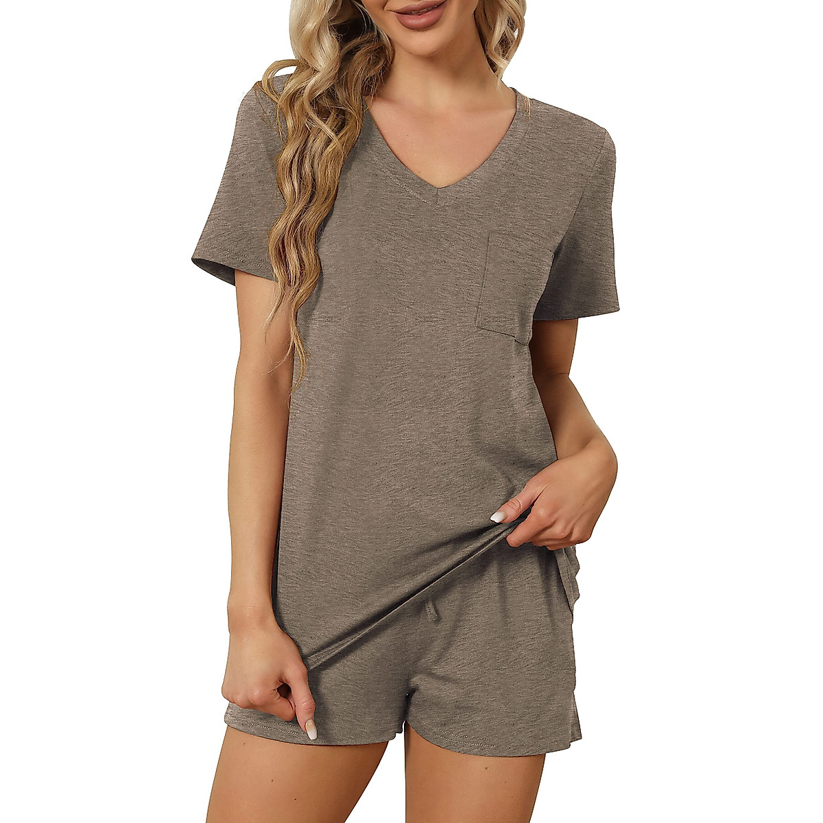 RUBZOOF Pajamas for Women Shorts Set V Neck Casual Summer Short Sleeve Lounge Sets Grey L