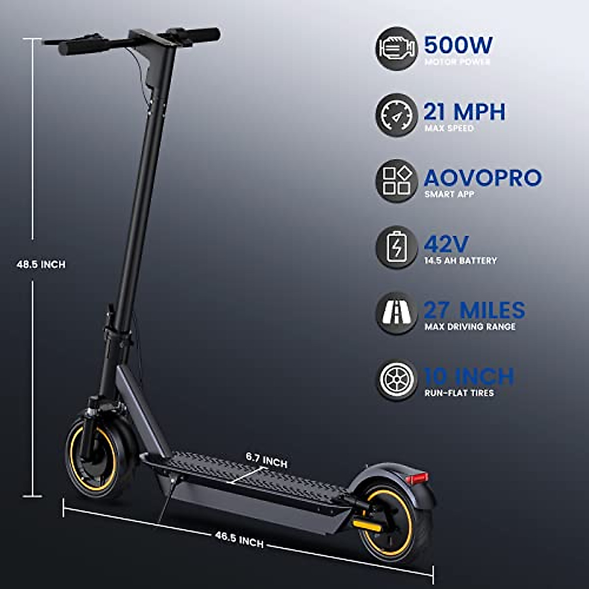 Aovopro ESMAX Electric Scooter, 27 Miles Range, Upgraded 500W Motor, 21 MPH Speed,10" Anti-Puncture Self-Sealing Air Tyre, Portable Commuting Electric Scooter for Adults
