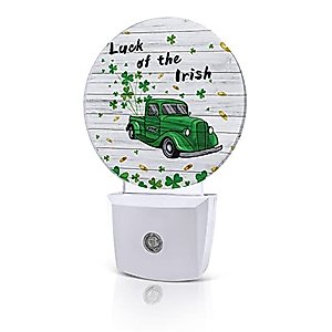 St. Patrick's Day Shamrock Night Lights Plug into Wall, Green Truck Gold Coins Auto Round LED Lights with Dusk to Dawn Sensor for Bedroom, Bathroom, Hallway, Kitchen, Kids, Home Decor