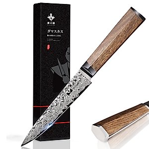 FUJUNI Kitchen Utility Knife 5 inch Damascus Small Chef Knife 67-Layer Damascus VG10 Steel Ultra Sharp Professional Paring Knife with Hexagon Natural Wood Handle