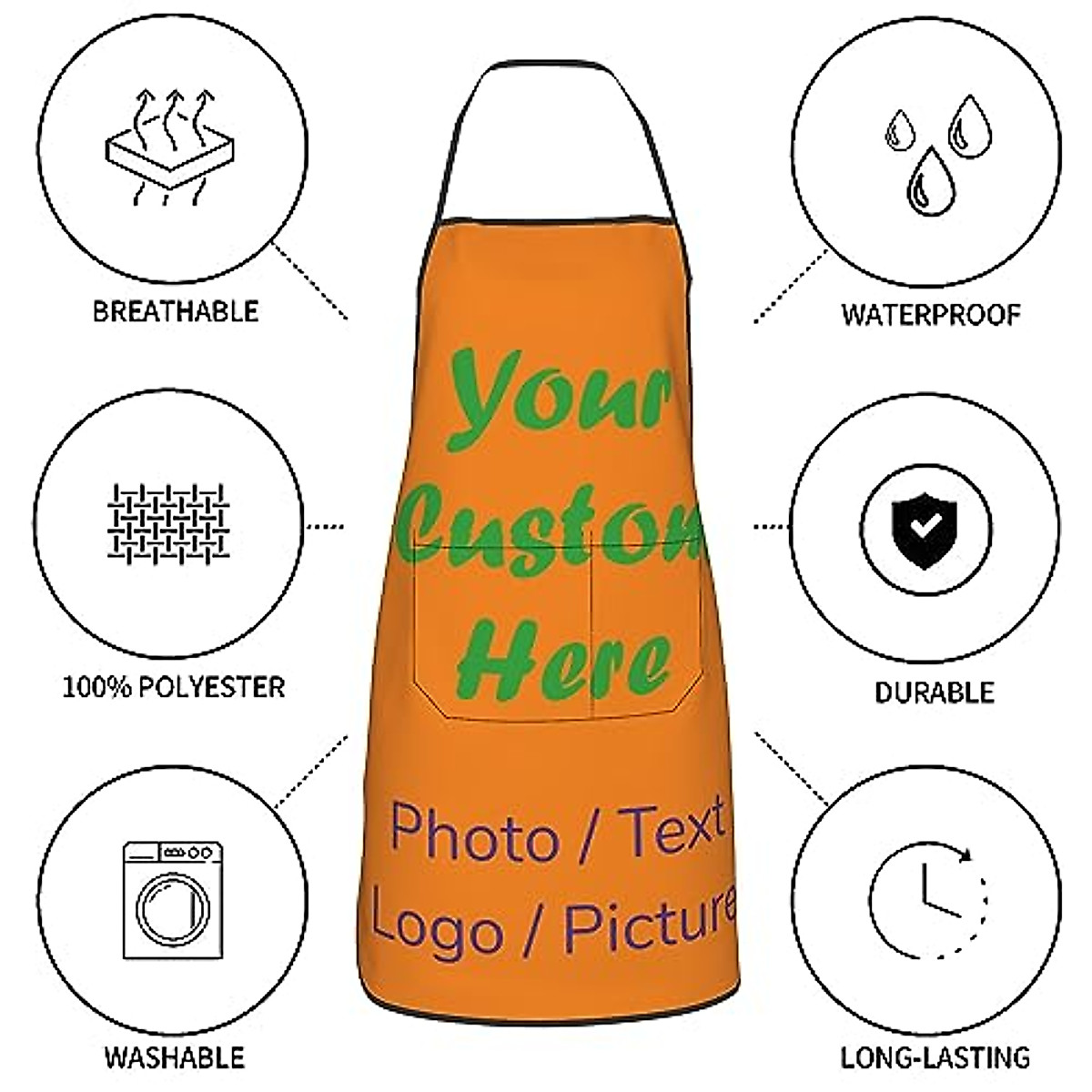 ZEKOTEN Custom Apron Black Border with Picture & Text, Personalized Aprons with Pockets for Baking Grill Cook Chef Apron