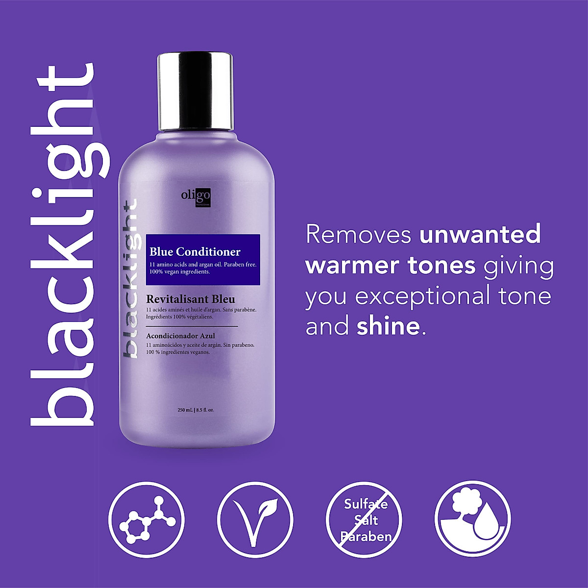 Oligo Professionnel - Blacklight Blue Conditioner for blondes - Vegan - Eliminate Brassy tones - Refresh faded highlights - Argan oil - Hydrating Formula - 8.5oz