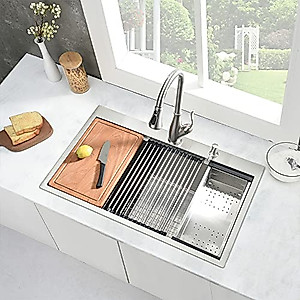 Jshozzy 30 Inch Drop in Kitchen Sink Workstation, 30x22 Drop-in Top Mount Kitchen Sink Stainless Steel Kitchen Sink Single Bowl Deep Kitchen Sink with Offset Drain